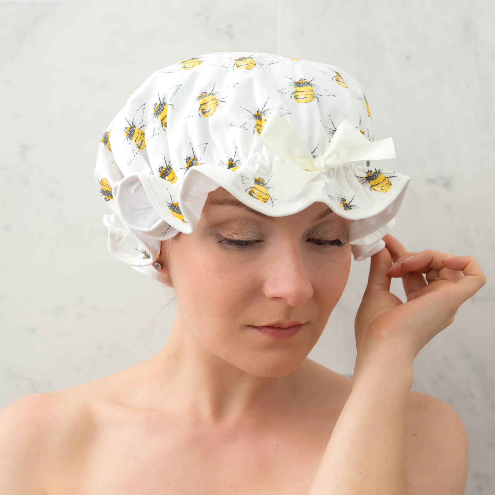 Bee Shower Cap - Women's Luxury Bee Print Frilly Bath Hat - British ...